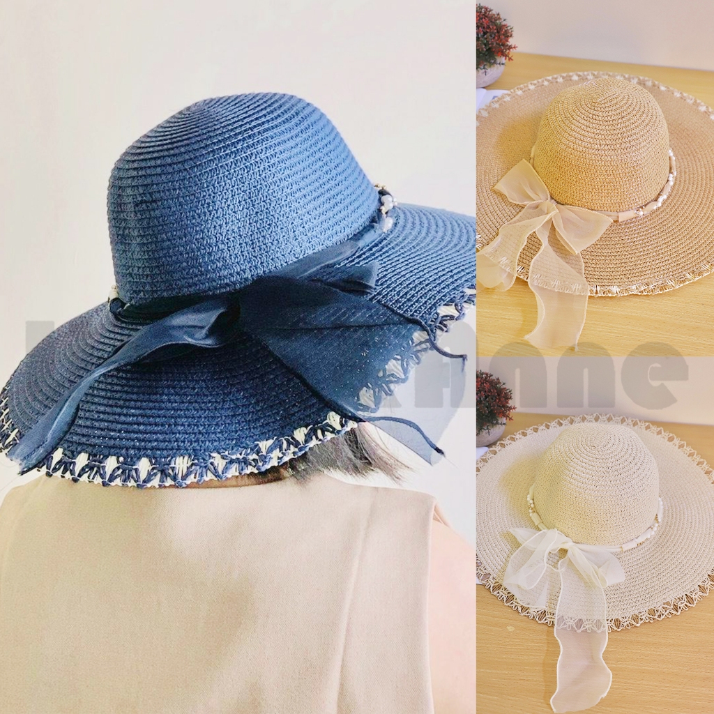 Jual L&A - Topi Pantai Wanita Aksen Mutiara Pita Topi Rajut Jerami Pelindung Sinar Matahari ...