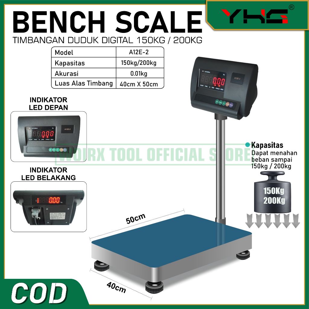 Jual YHG Timbangan Digital 150kg 200kg Timbangan Duduk Bench Scale A12E Dual Display | Shopee ...