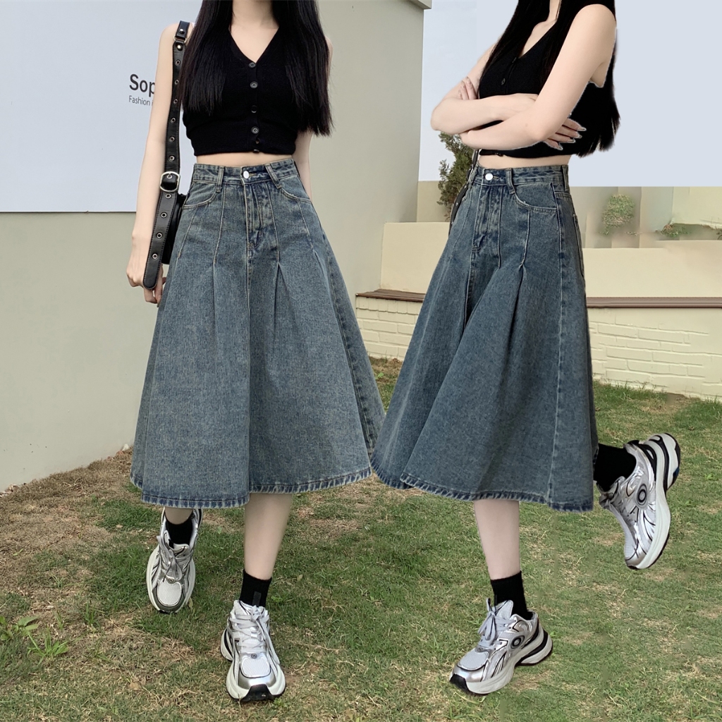 Jual rok plisket rok midi rok jeans panjang rok korean style rok jeans ...