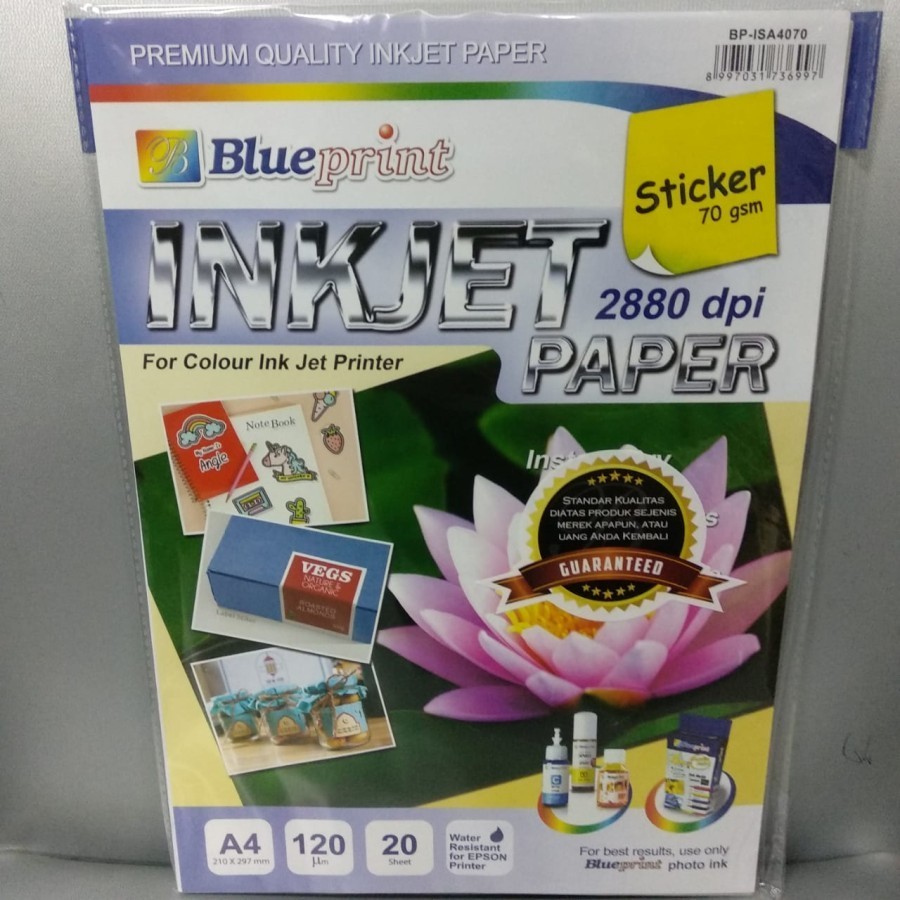 Jual Inkjet Sticker Paper BluePrint A4 70Gsm 120UM 20Sheet Doff BP ...