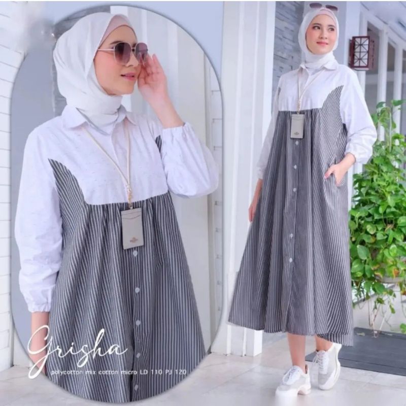 Jual Sofi Midi Dress bahan Polo Linen Motif Salur Garis Garis Fashion Muslim Terbaru | Shopee ...