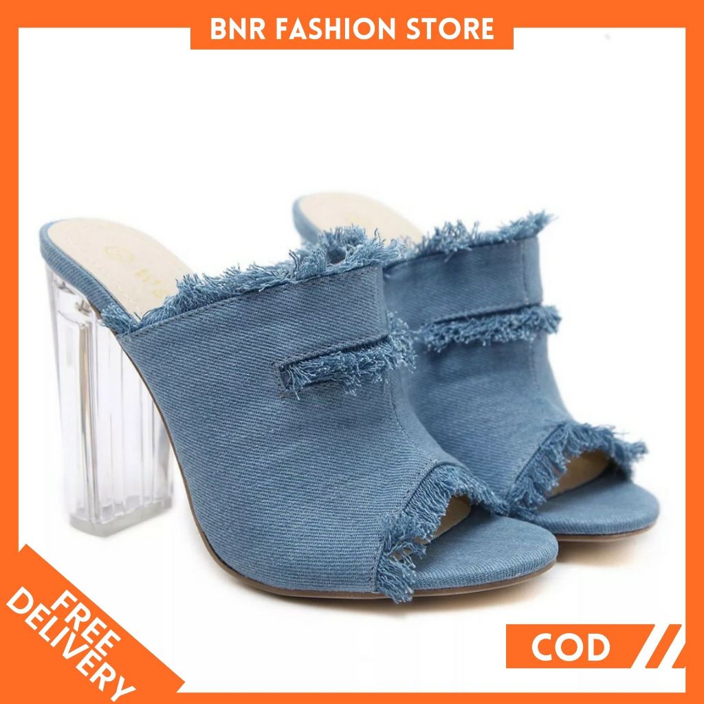 Jual Sepatu Heels Wanita Hak Kaca Model Selop Bahan Denim Kekinian ...