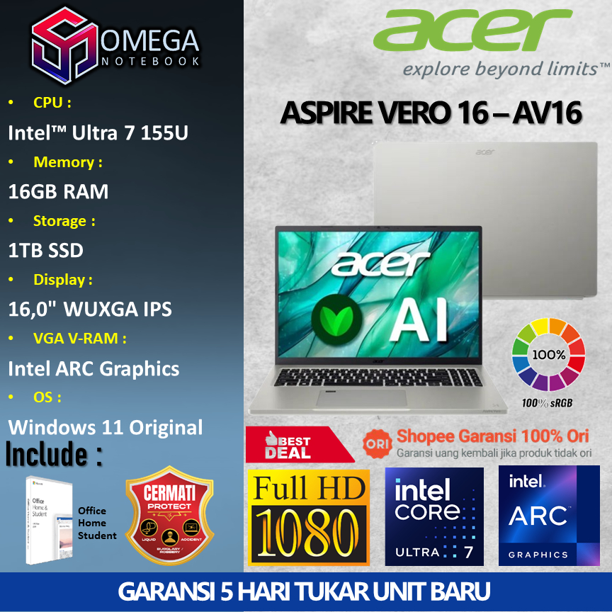 Jual ACER ASPIRE VERO AV16-51P Ultra 7 155U 16GB 1TB SSD Intel ARC 16,0 ...