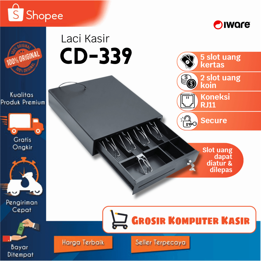 Jual Cash Drawer Iware CD-339 Laci Kasir 5 Slot Kertas 2 Bill Coin RJ11 ...