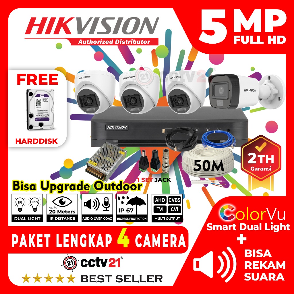 Jual Paket 4 Camera CCTV ColorVu + AUDIO HIKVISION 5MP 3K +Kabel 50M Lengkap Promo CCTV21 ...