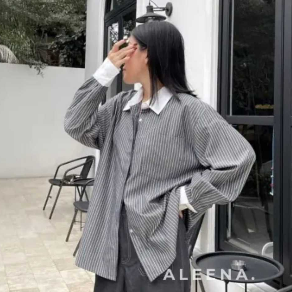 Jual Kemeja Oversize Wanita Salur Striped Shirt Garis Garis Lengan ...