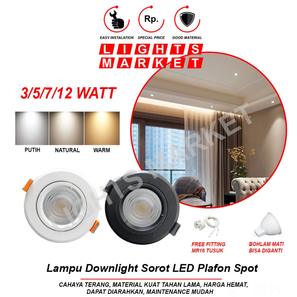 Jual Lampu Downlight Plafon MR16 Sorot Halogen LED 3/5/7/12 Watt Spotlight 3W 5W 7W 12W 220V ...