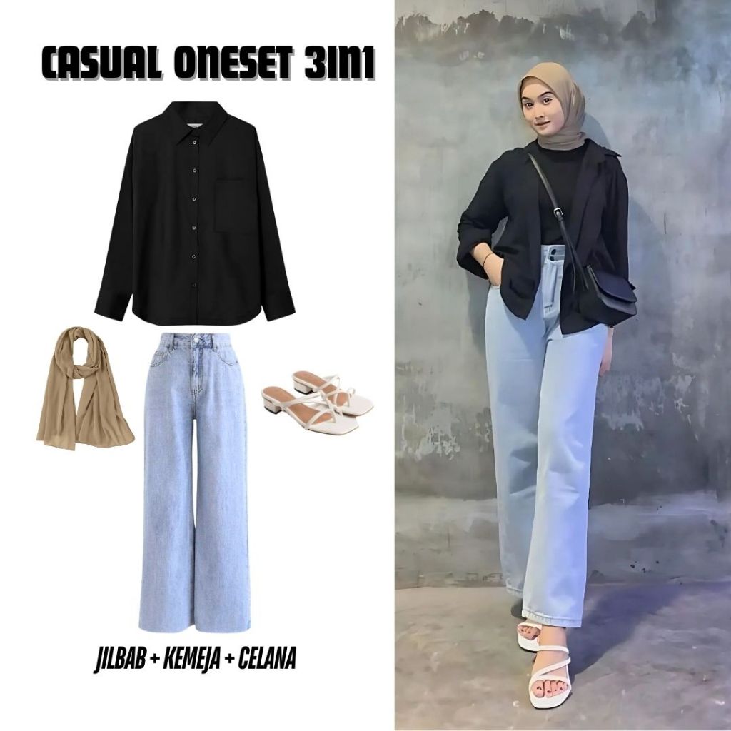 Jual MURAH !! One set 3in1 kemeja hitam polos kerah celana jeans highwaist denim pants jilbab ...