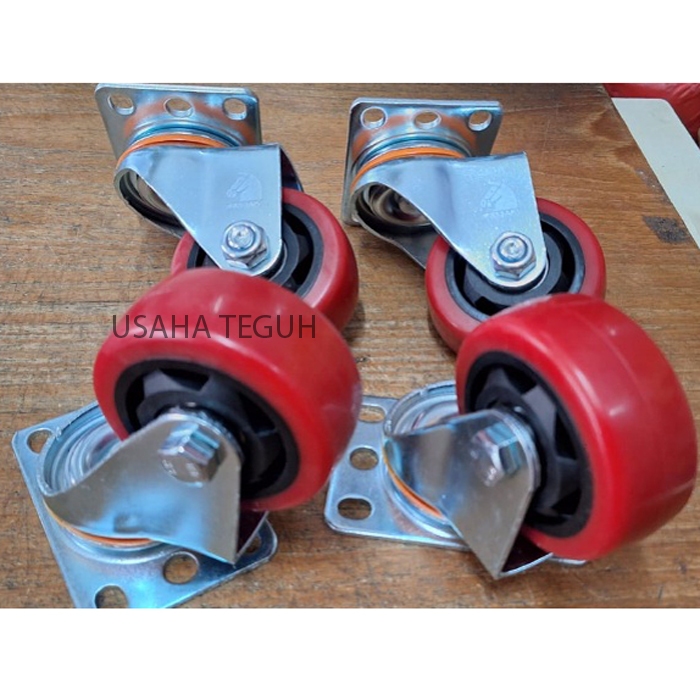 Jual Roda Troli PU Merah 3" Inchi Hidup Medium Duty Double Bearing ...