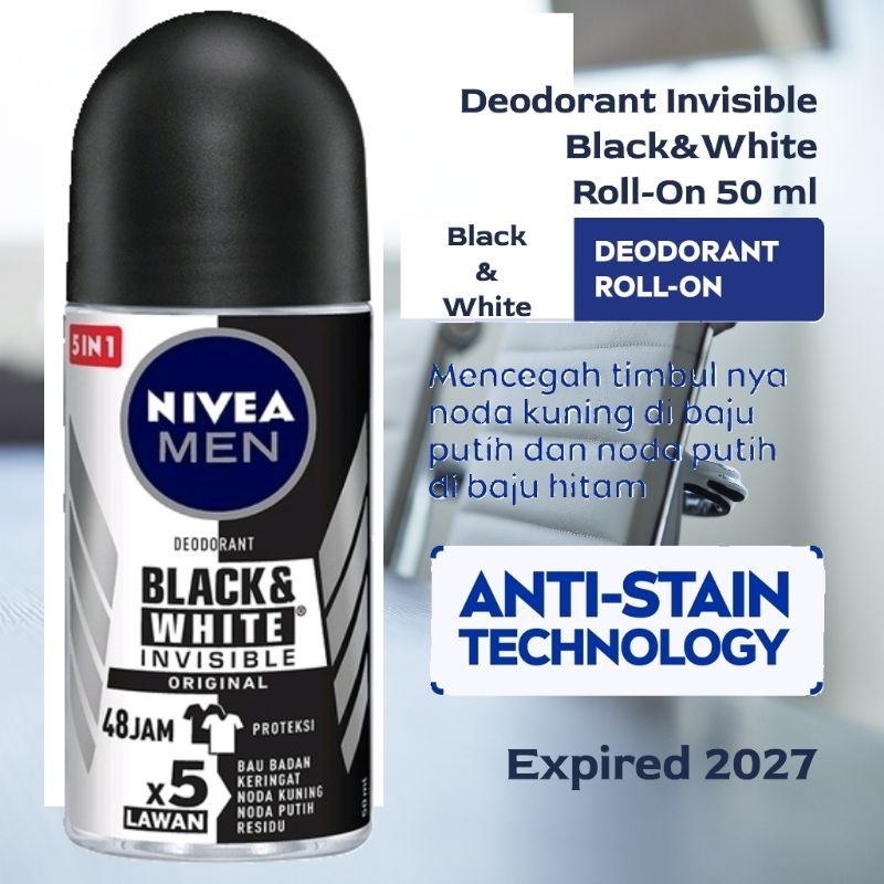 Jual NIVEA MEN Personal Care Deodorant Invisible Black&White Roll-On 50 ml | Shopee Indonesia