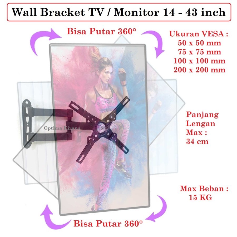 Jual Wall Bracket Full Motion Gerak Tekuk 2 Lengan Dual Arm Monitor PC ...