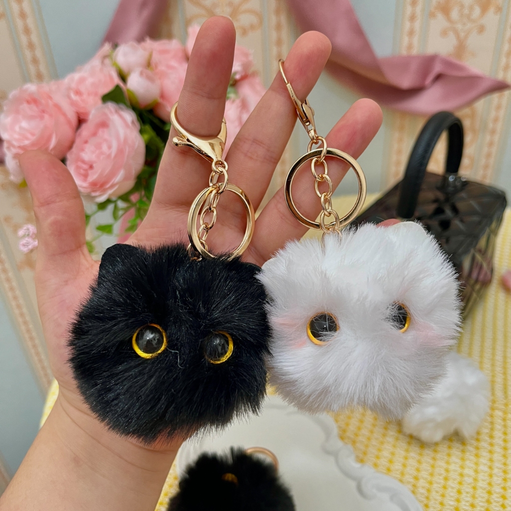 Jual Bag charm Fluffy cat lucu hitam putih / gantungan kunci tas bentuk ...