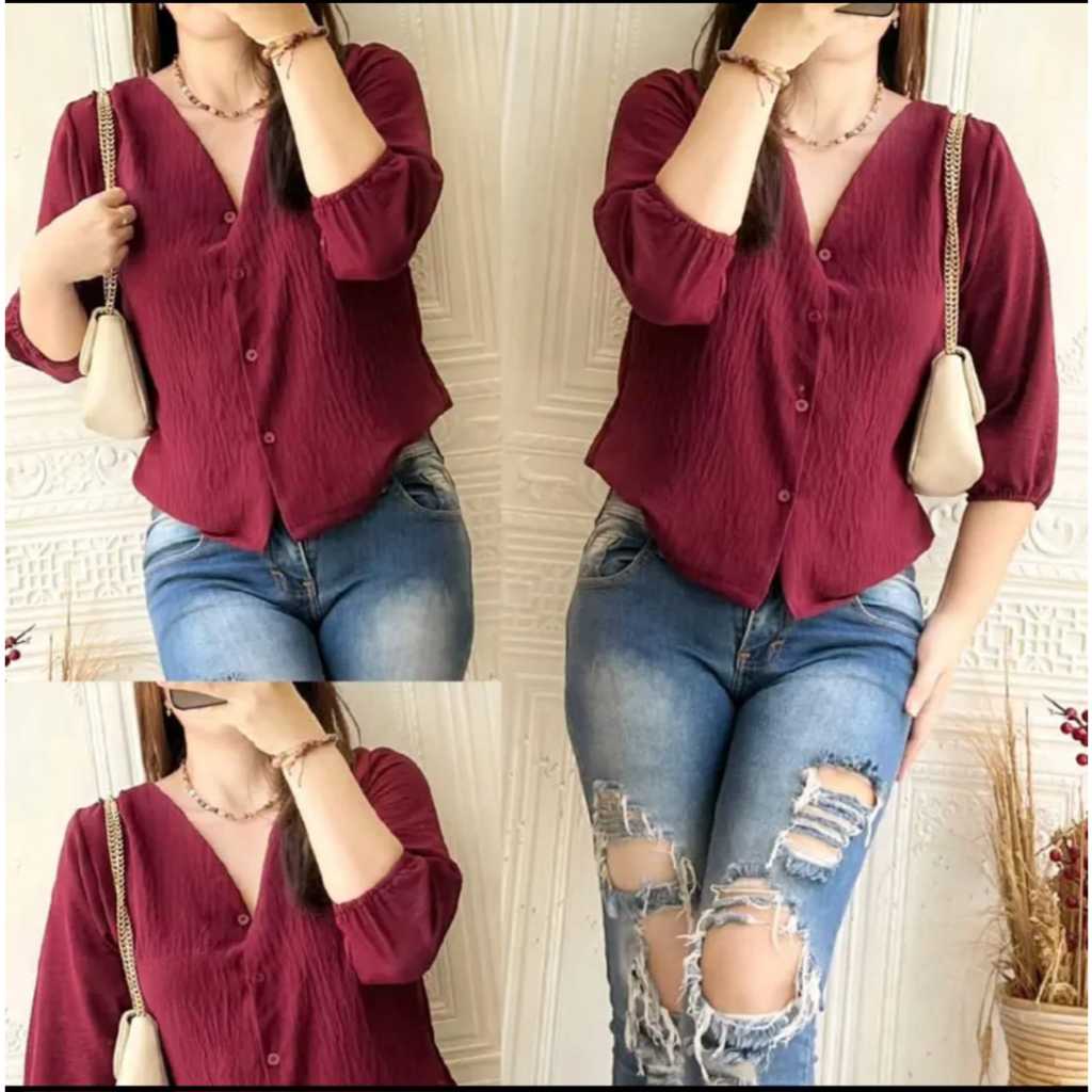 Jual Kemeja Polos Blouse V-Neck Airflow Blouse Crinkle Atasan Wanita ...