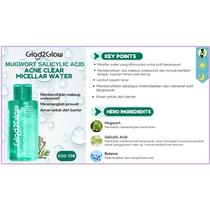 Jual Glad 2 Glow Mugwort Salicylic Acid Acne Clear Micellar Water 130ml ...