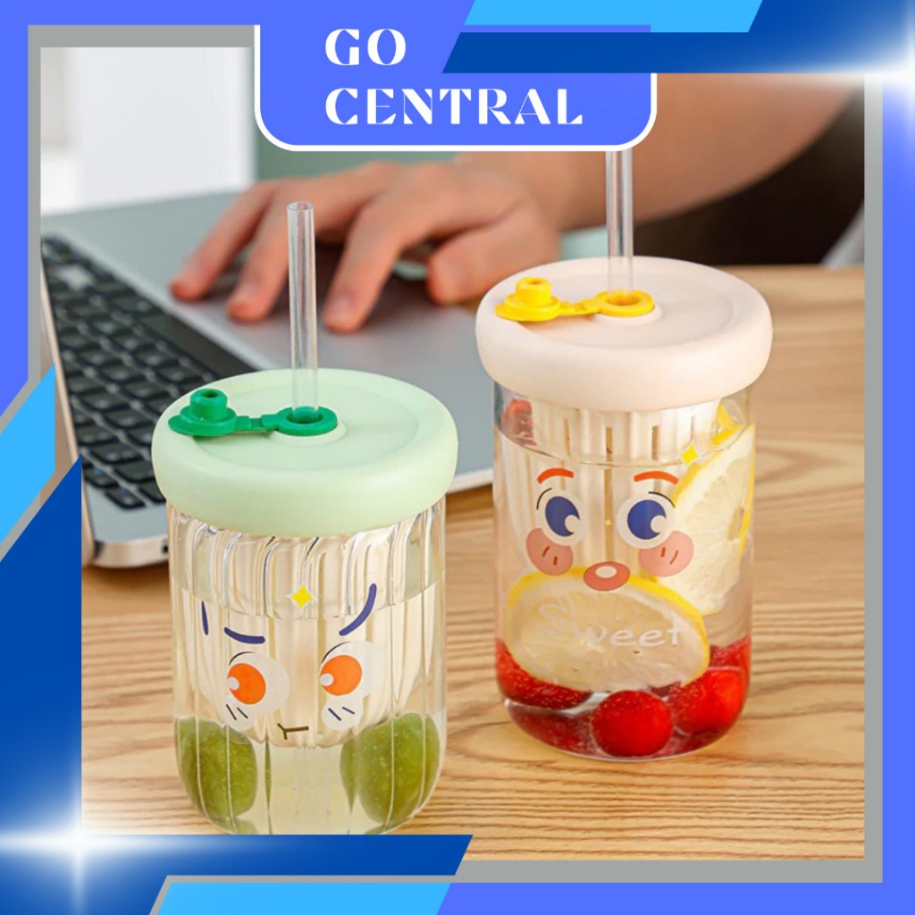 Jual GELAS KACA DENGAN FILTER DAN SEDOTAN KACA INFUSED WATER EMOJI ...