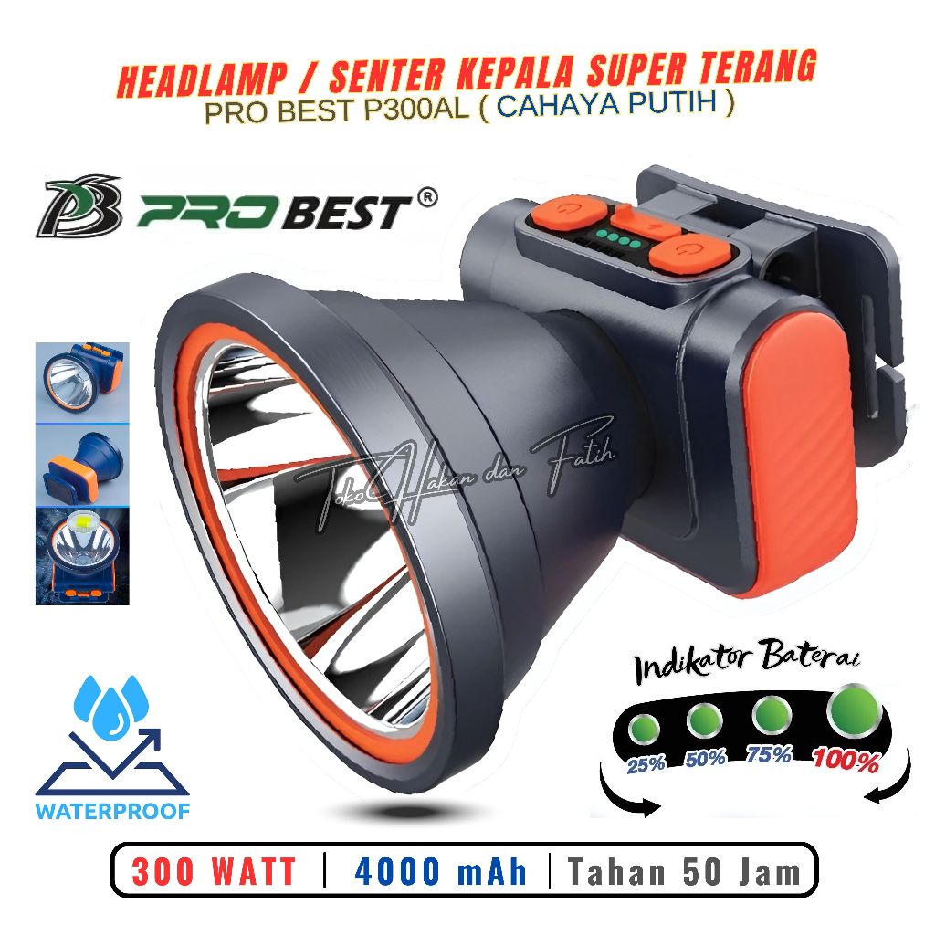 Jual PRO BEST P300AL Senter Kepala 300w 4000 mAh SUPER TERANG BISA ...