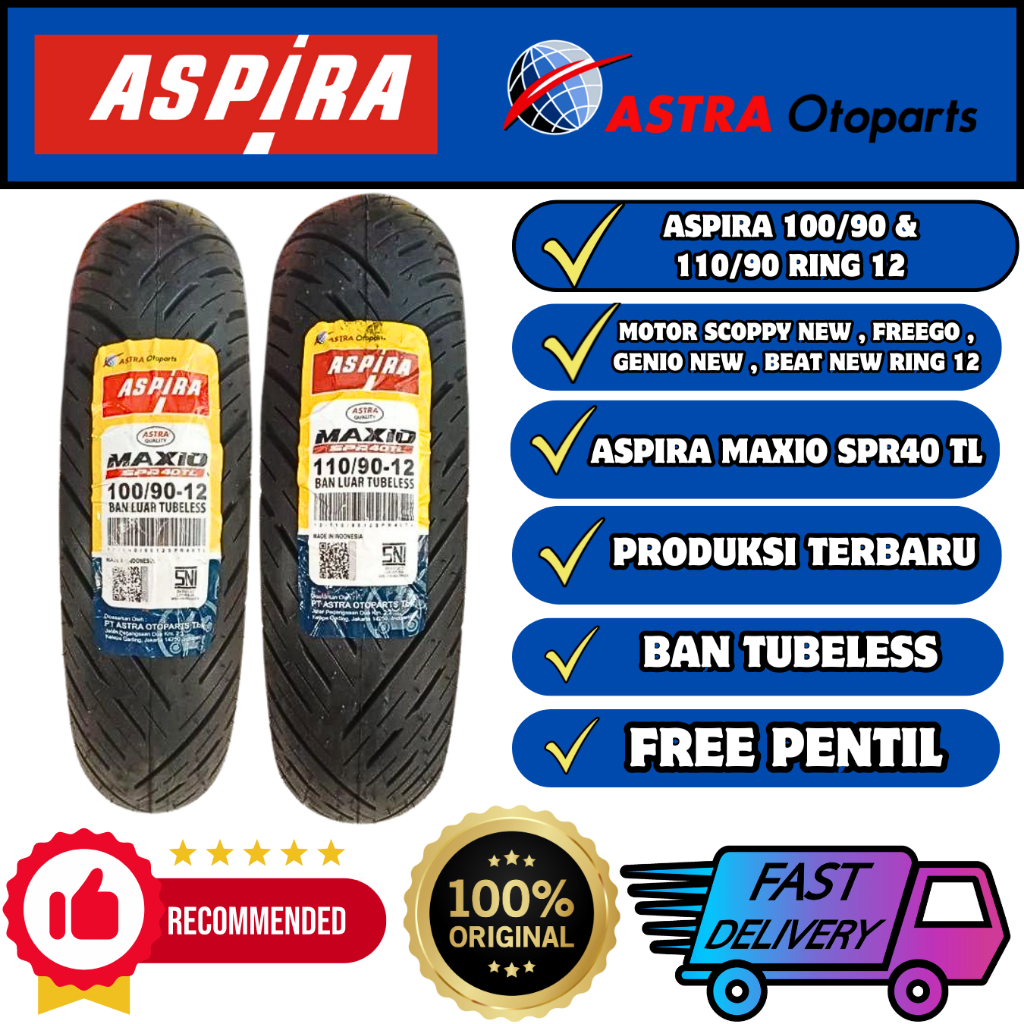 Jual BAN ASPIRA 100 90 12 , 110 90 12 Tubeless ORI Motor Scoopy 2017 ...
