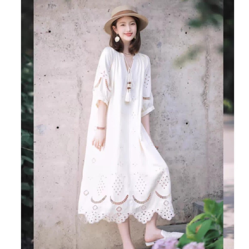 Jual TM 55000 Dress Shetty embroidered cotton maxi dress import ...