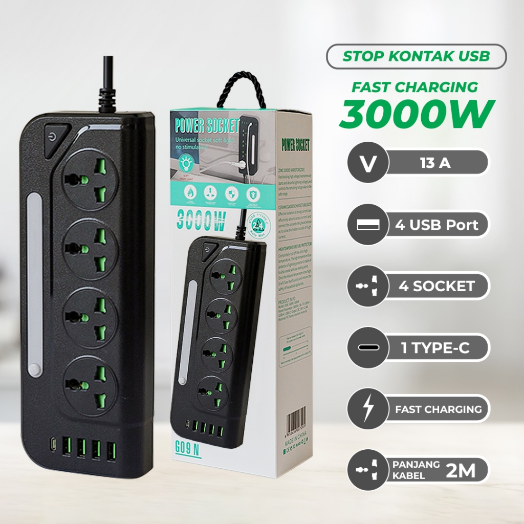 Jual Ideame Colokan G09N Stop Kontak USB Fast Charging 3000W / 4 USB ...