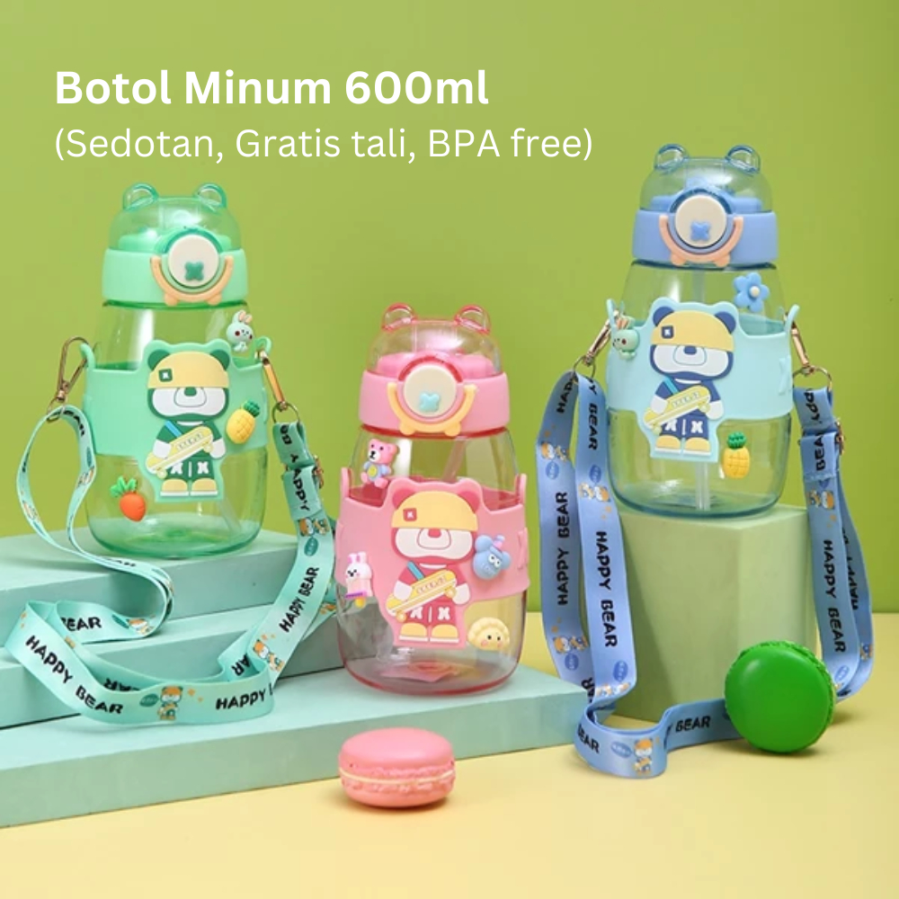 Jual Botol minum anak sedotan 600 ml tali Happy Bear Viral BPA free | Shopee Indonesia