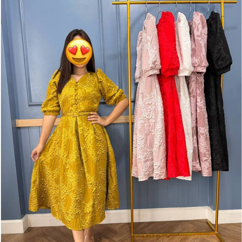 Jual Emma.Butik E00208 Gaun Midi Jacquard Casual Formal Dress Mewah ...