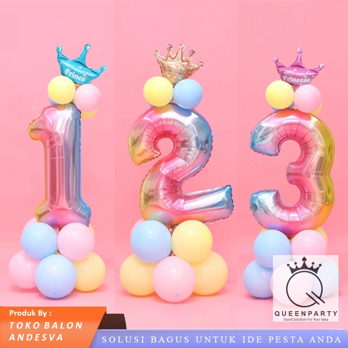 Jual Balon standing angka rainbow 80 cm / standing balon angka mahkota ...