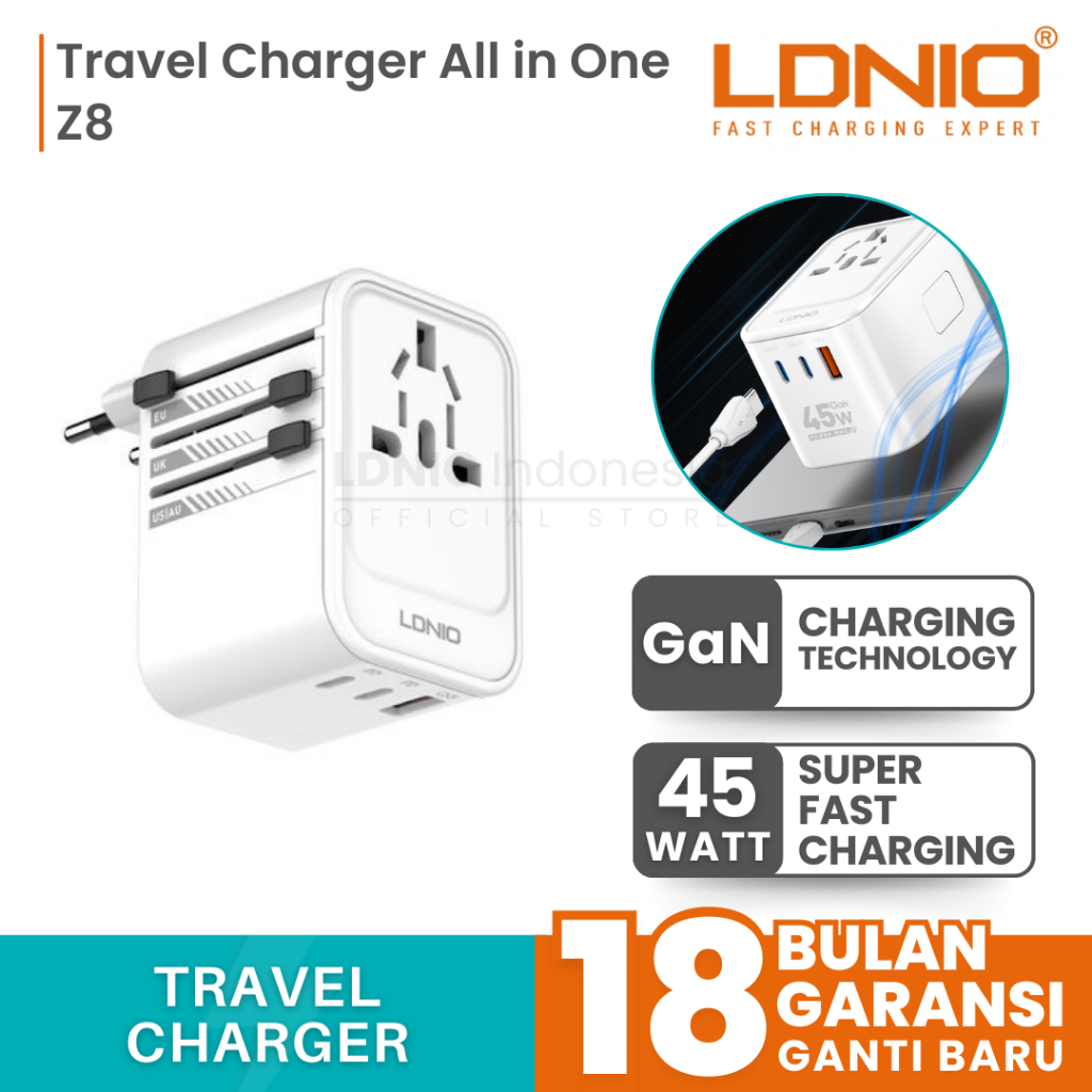 Jual LDNIO Z8 Travel Converter Adapter Universal GaN 45W 2 PD + QC3.0 ...