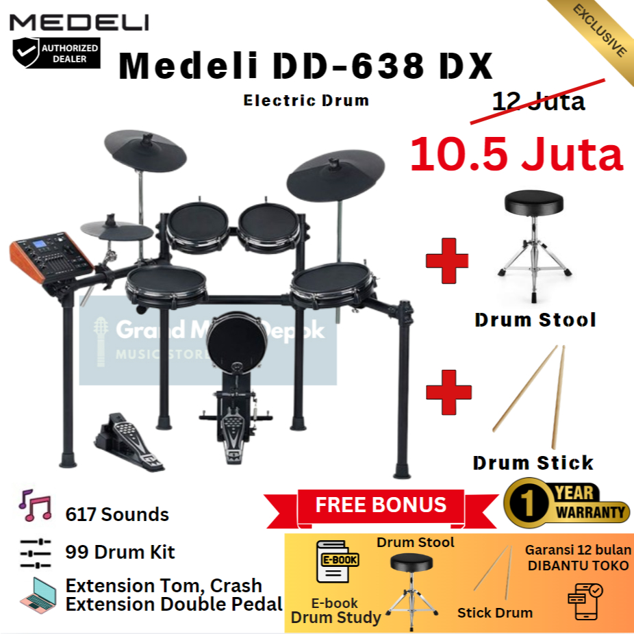 Jual [Drum Terbaik] Drum Elektrik Medeli DD638DX BONUS Kursi dan Stick (Sama seperti Hitman HD27 ...