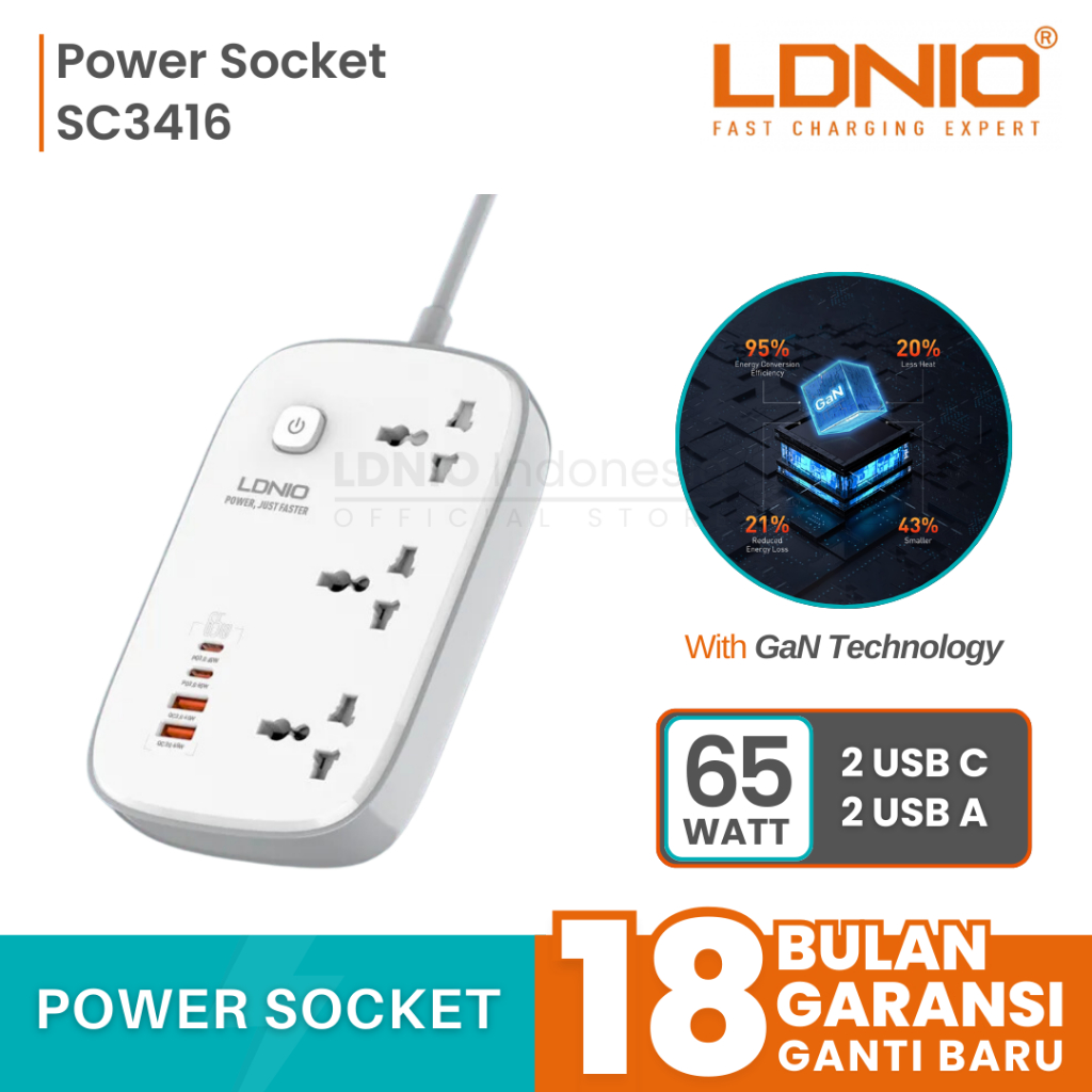 Jual LDNIO Power Strip 3 Socket SC3416 3250W 4 USB 65W GaN Charger ...