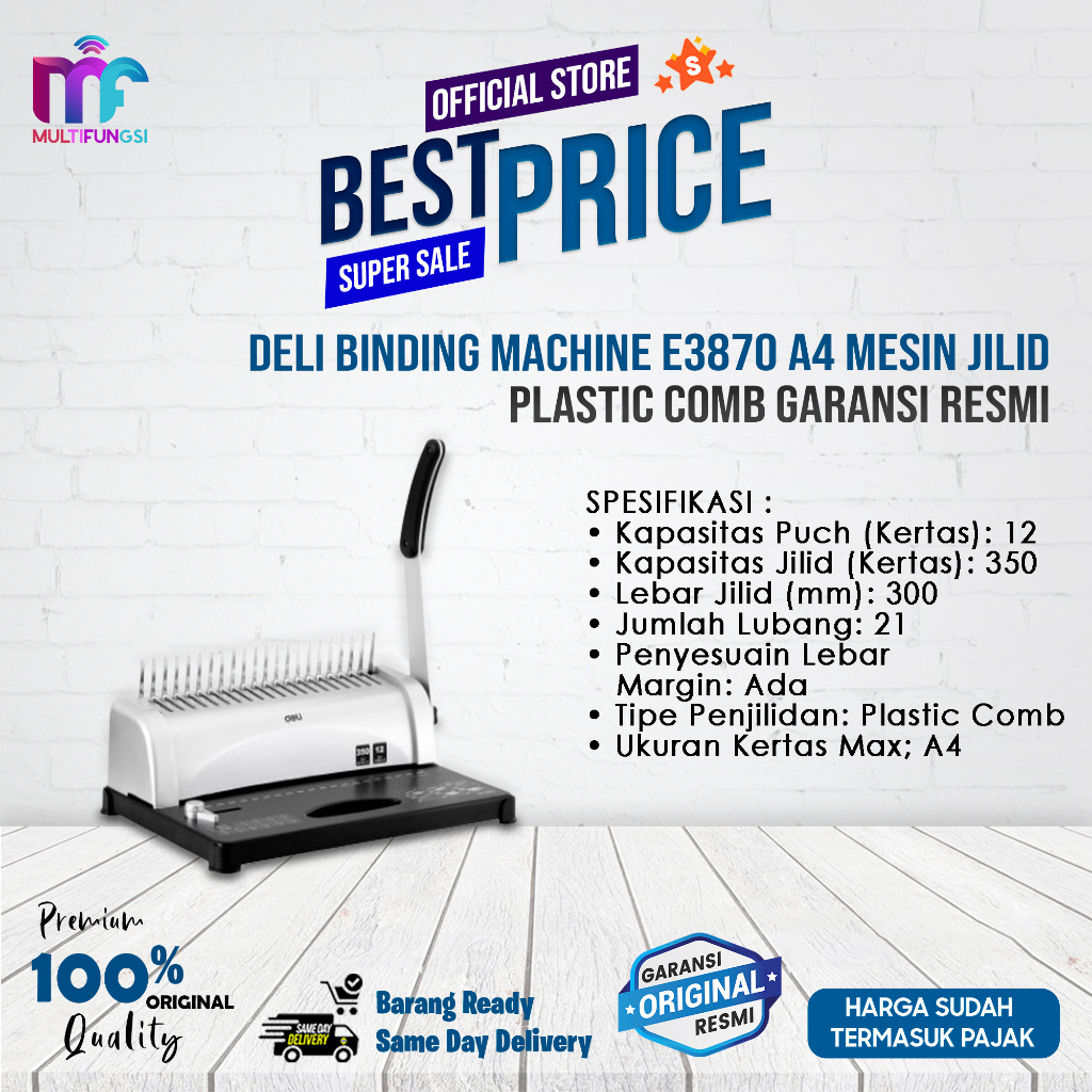 Jual Deli Binding Machine E3870 A4 Mesin Jilid Plastic Comb Garansi ...