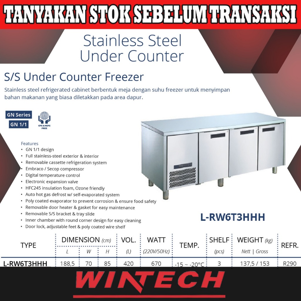 Jual Gea L-RW6T3HHH SS Kitchen Refrigeration Undercounter Freezer 3 ...
