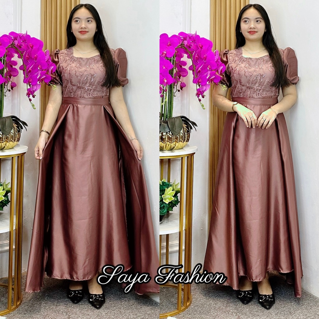 Jual Longdress Satin Polos Kombinasi Tile Bordir Payet Gaun Maxi Wanita ...