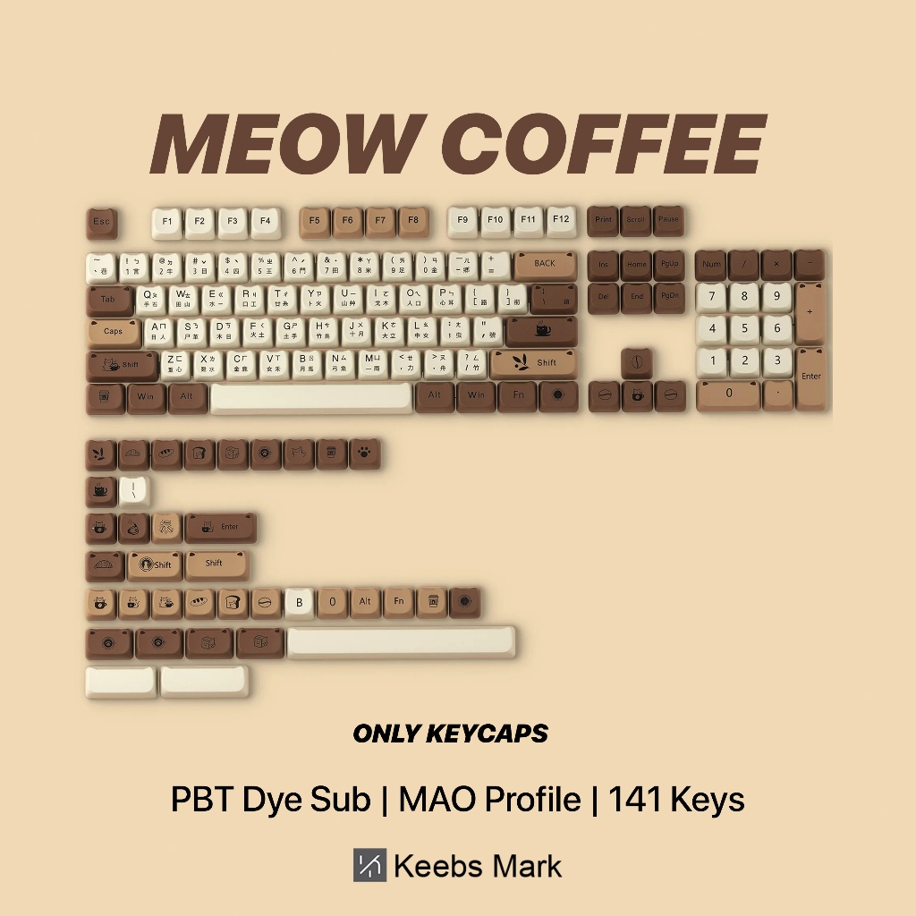 Jual Meow Coffee Keycaps PBT Dye Sub 141 Keys MAO Profile Keycaps ...