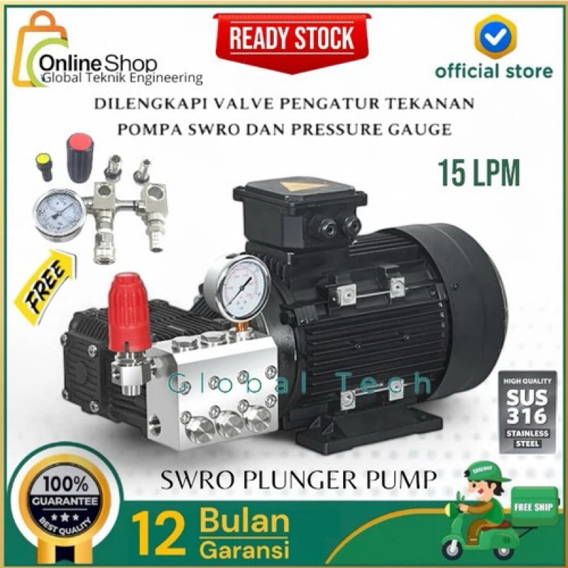 Jual POMPA PLUNGER SWRO 15LPM 100BAR HIGH PRESSURE SEA WATER POMPA ...