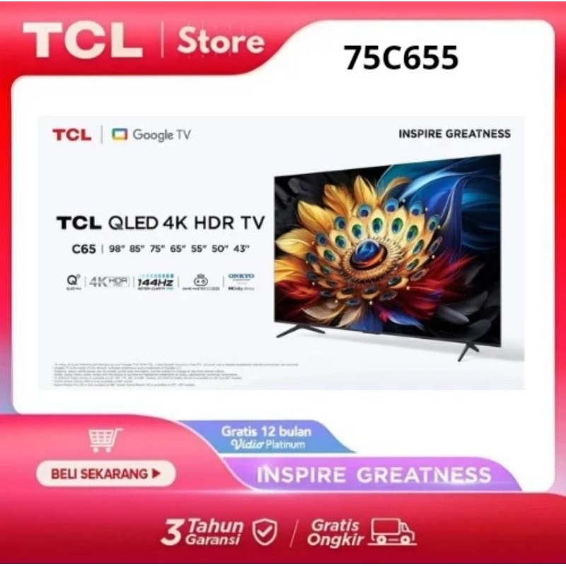 Jual TCL 75INCH QLED GOOGLE TV 4K T-SCREEN PRO ONKYO&DOLBY VISION 75C655 | Shopee Indonesia