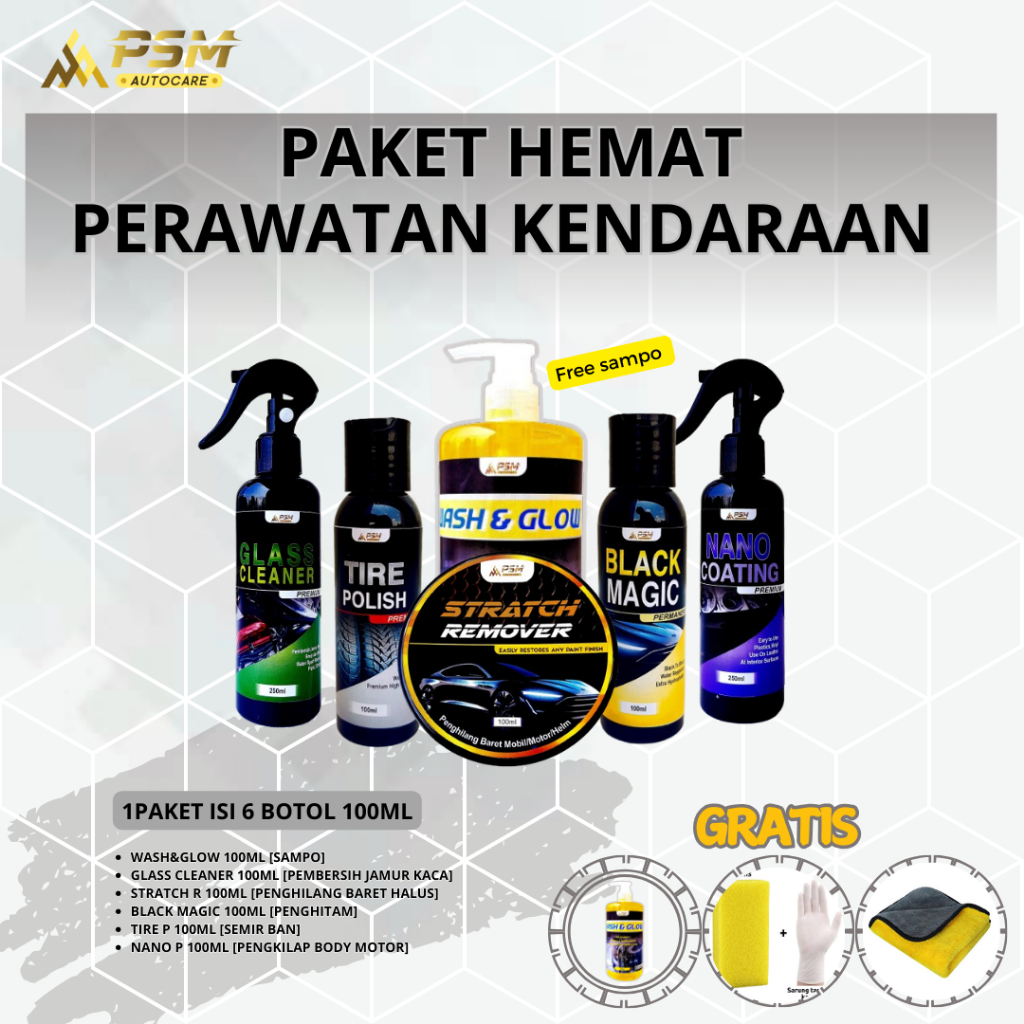 Jual PSM Paket Hemat Perawatan Kendaraan Kemasan 100ml, Black Magic, Tire Polish, Glass Cleaner ...