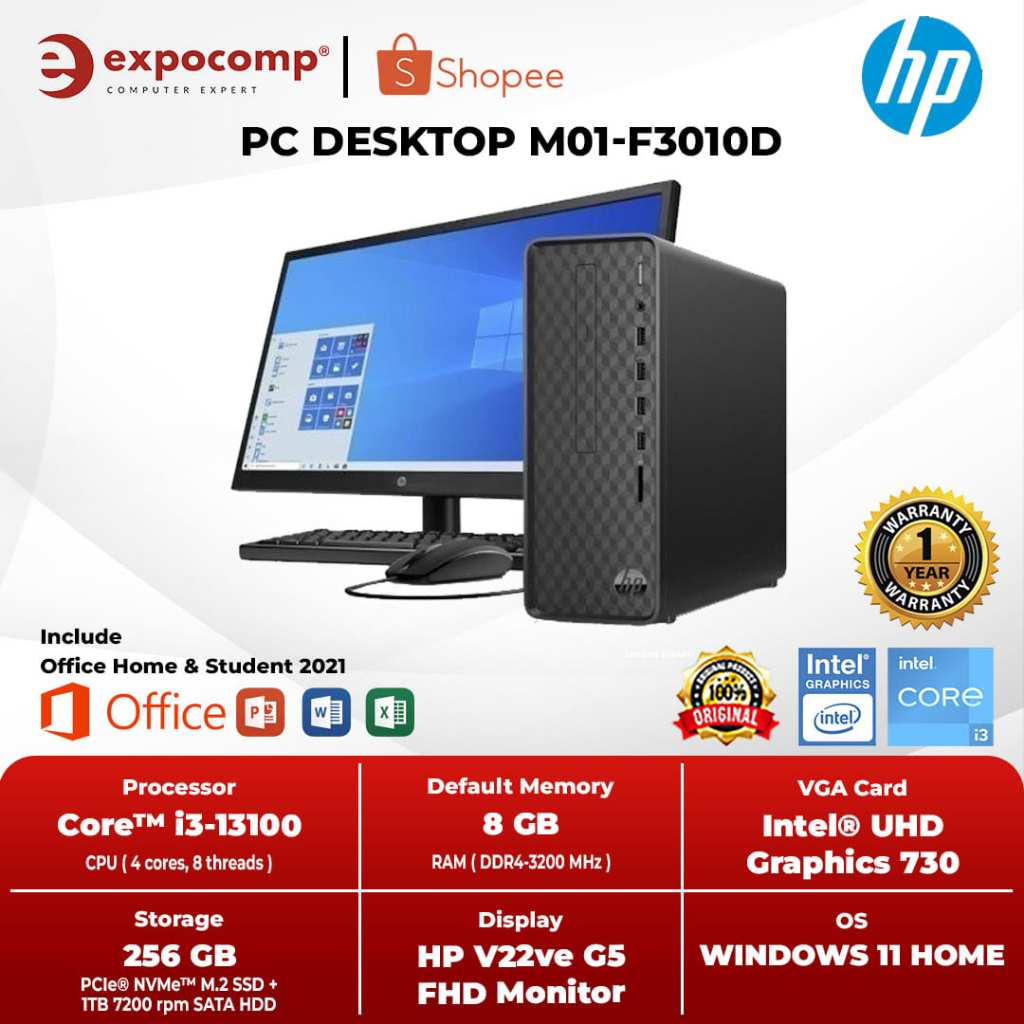Jual Hewlett Packard HP PC DESKTOP M01-F3010d CORE i3-13100 8GB 256GB SSD + 1TB HDD W11+OHS 2021 ...