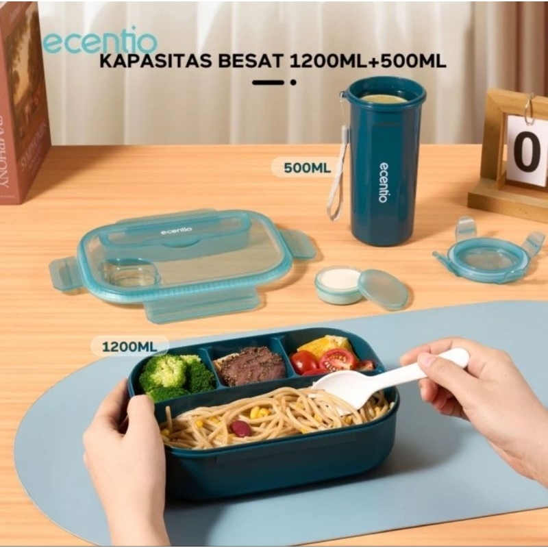 Jual Ecentio set tempat makan anti tumpah 1200ml + botol minum 500ml free sendok / kotak bekal ...