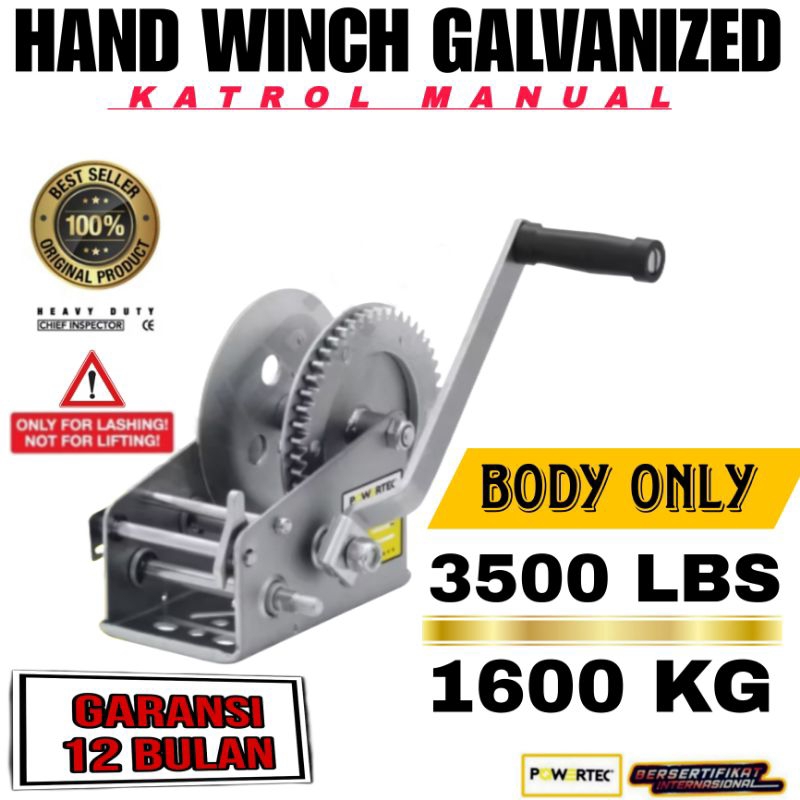 Jual HAND WINCH / KATROL MANUAL POWERTEC 3500LBS / 1600KG X 15 M GALV ...