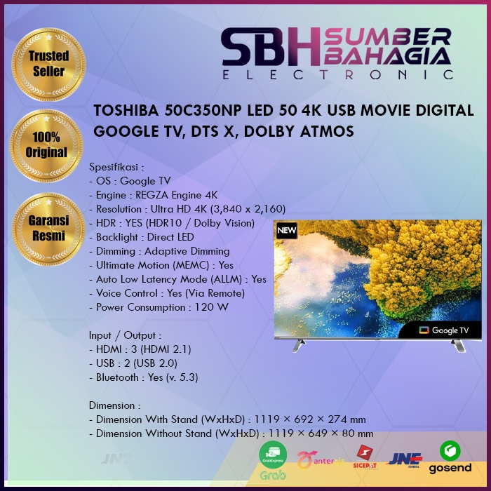 Jual TOSHIBA 50C350NP - LED TV 4K UHD GOOGLE TV 50 INCH DOLBY VISION ATMOS 50C350NP (NEW ...