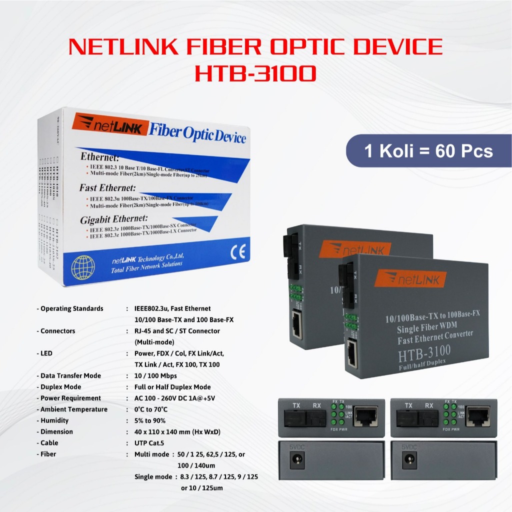 Jual FIBER OPTIK MEDIA CONVERTER (A+B) SEPASANG HTB-3100/HTB GS-03 ...