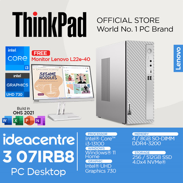 Jual Lenovo IdeaCentre 3 07IRB8 Intel Core i3 13100 8GB 512GB SSD Windows 11 OHS Free Monitor ...