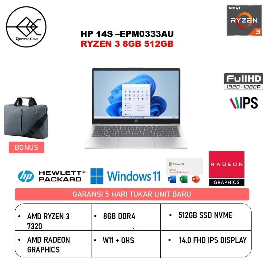 Jual HP 14 Ryzen 3 7320 8GB 512GB W11+OHS 14.0FHD IPS Blit 2Y-EM0333AU ...