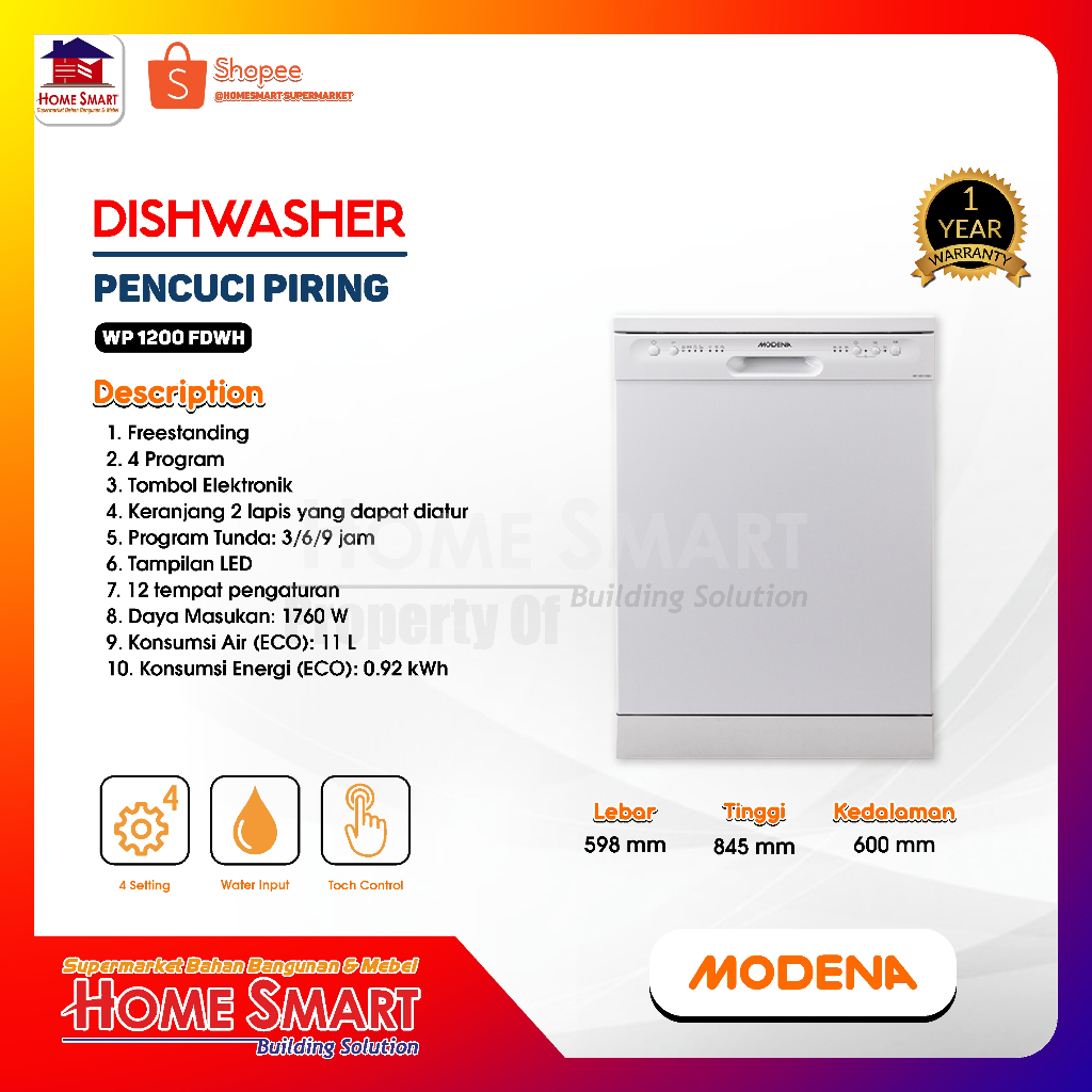 Jual MODENA WP 1200 FDWH - DISHWASHER / MESIN CUCI PIRING | Shopee ...
