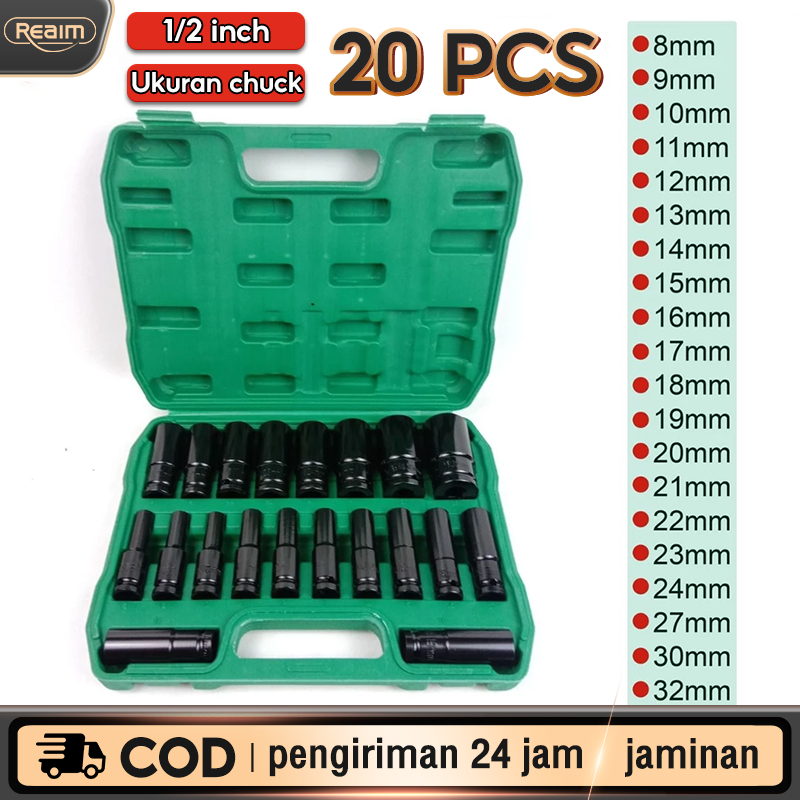 Jual Reaim 20PCS Impact Wrench Socket 1/2 Inch 8-32MM Mata Sok Panjang Deep Socket 20PCS Panjang ...