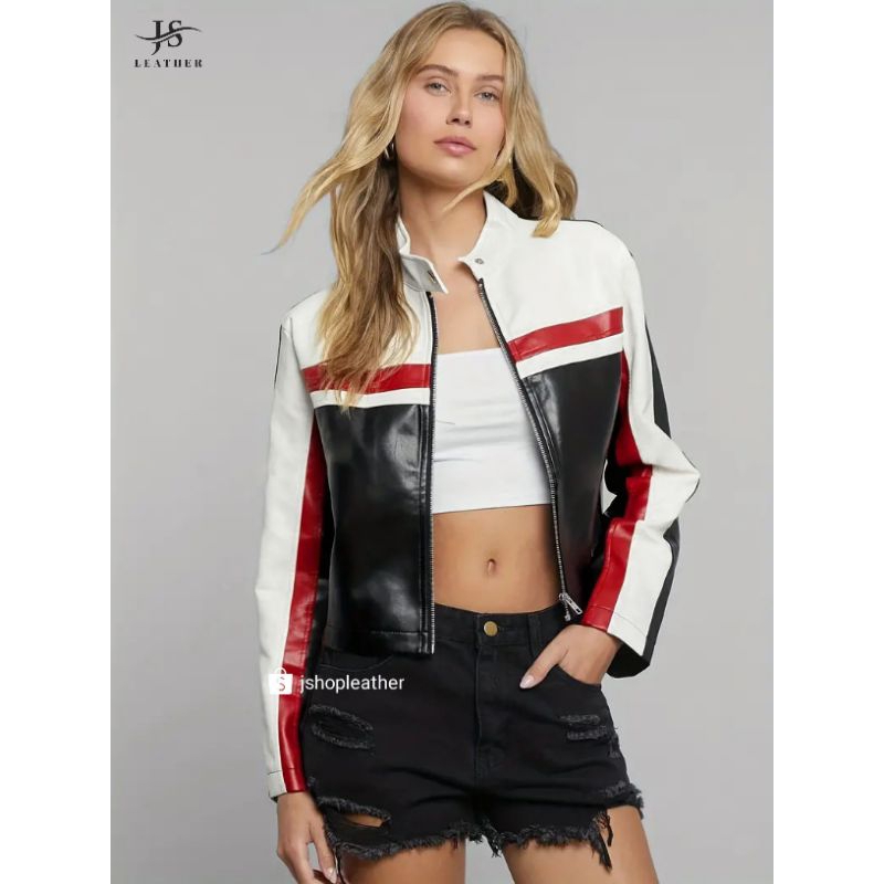 Jual Jaket Kulit PU Wanita Biker Racing Strip Merah Hitam Putih Korean ...