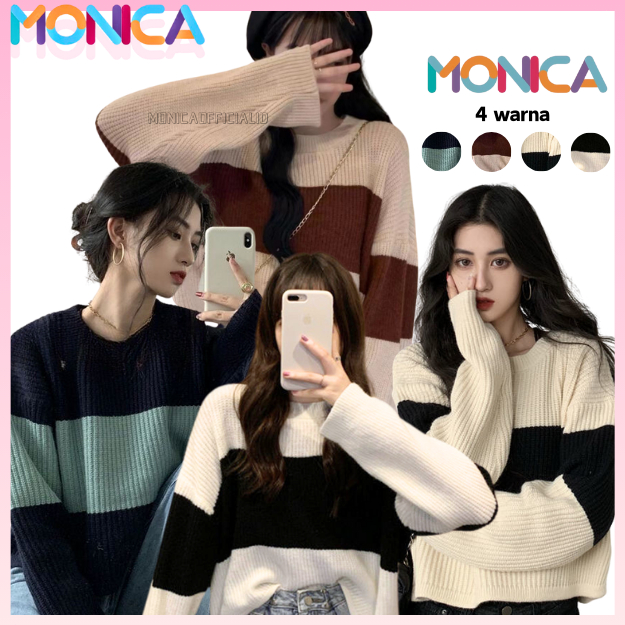 Jual Moncai Fashion Korea Big Stripe Top Knite | Blouse Rajut Atasan ...