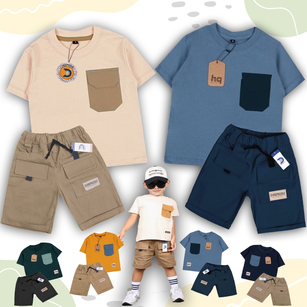 Jual Setelan Anak Laki Laki Kaos & Celana Chinos Cargo Pdk Polos Saku Usia 1-12 Tahun Bahan Kaos ...