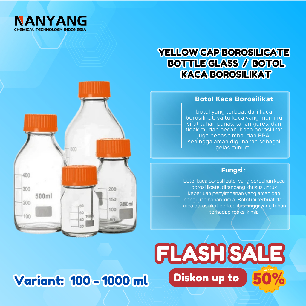 Jual BOTOL KACA REAGEN BOROSILIKAT TUTUP OREN | YELLOW CAP GLASS ...