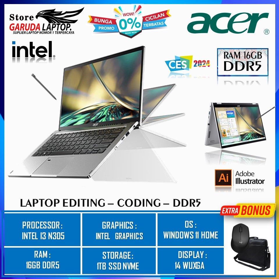 Jual Laptop FLip 2in1 Acer Aspire spin 3 14 Intel I3 N305 Ram 16GB DDR5 ...